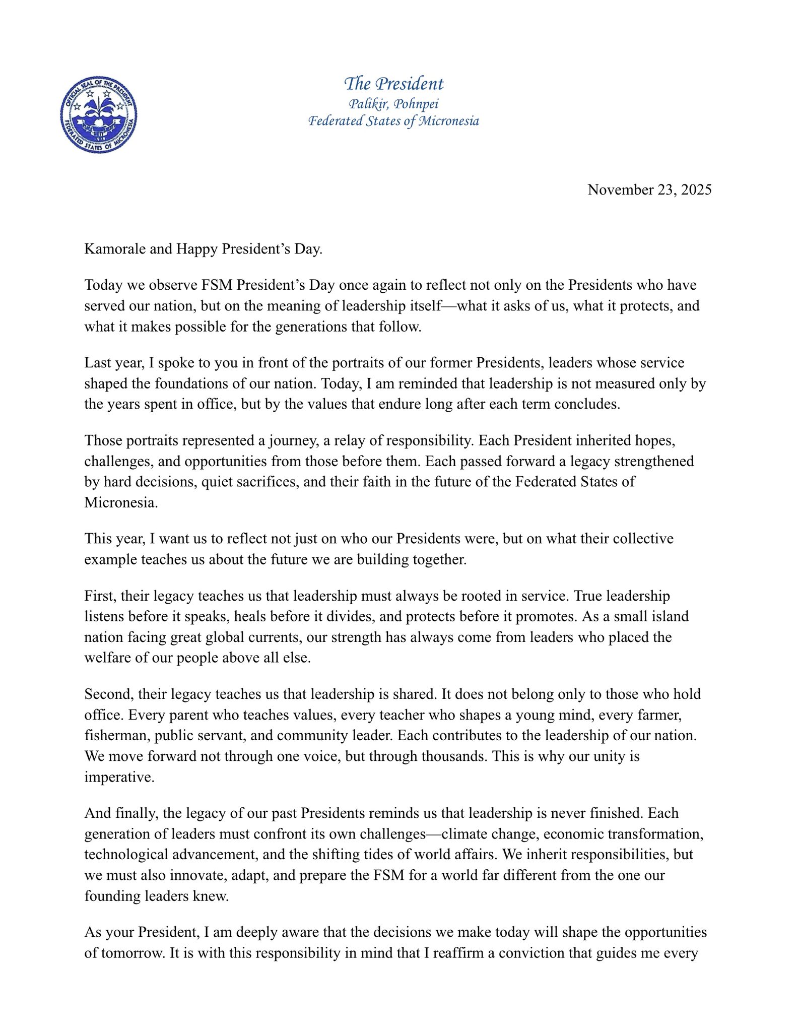 A message from His Excellency President Wesley W. Simina on this ...