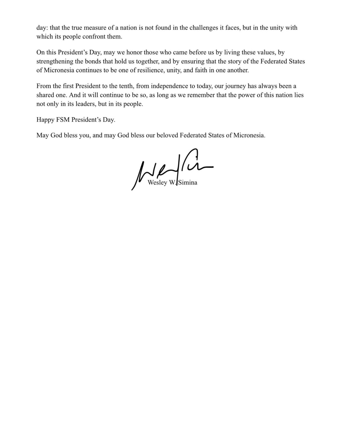 A message from His Excellency President Wesley W. Simina on this ...