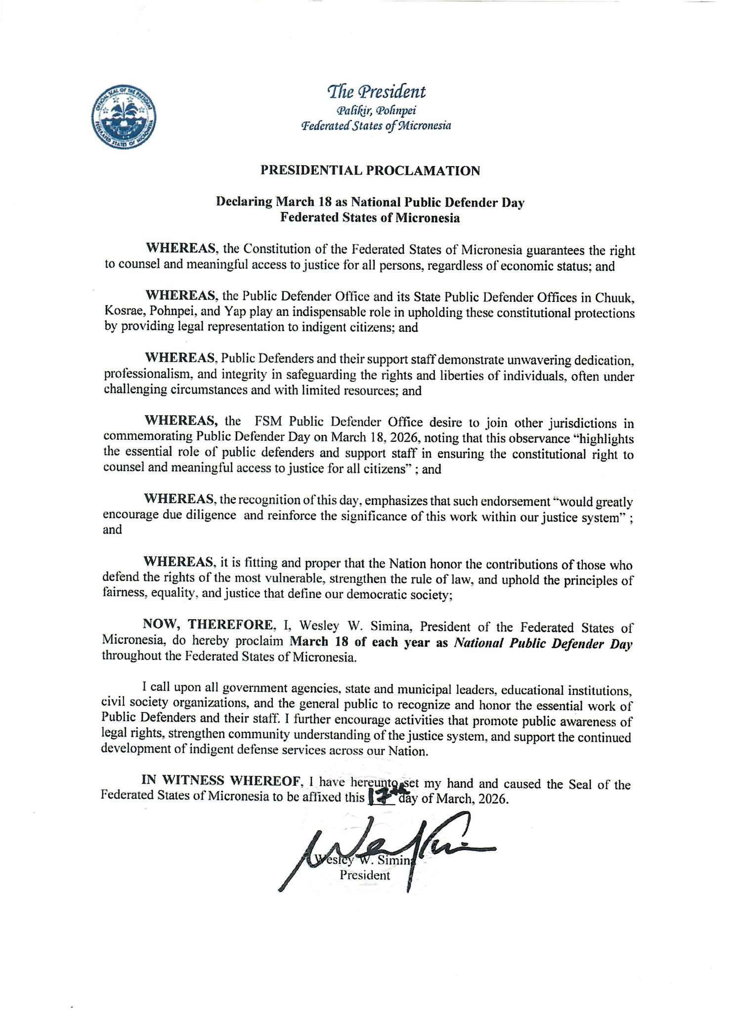 President Simina Proclaims National Public Defender Day in the ...
